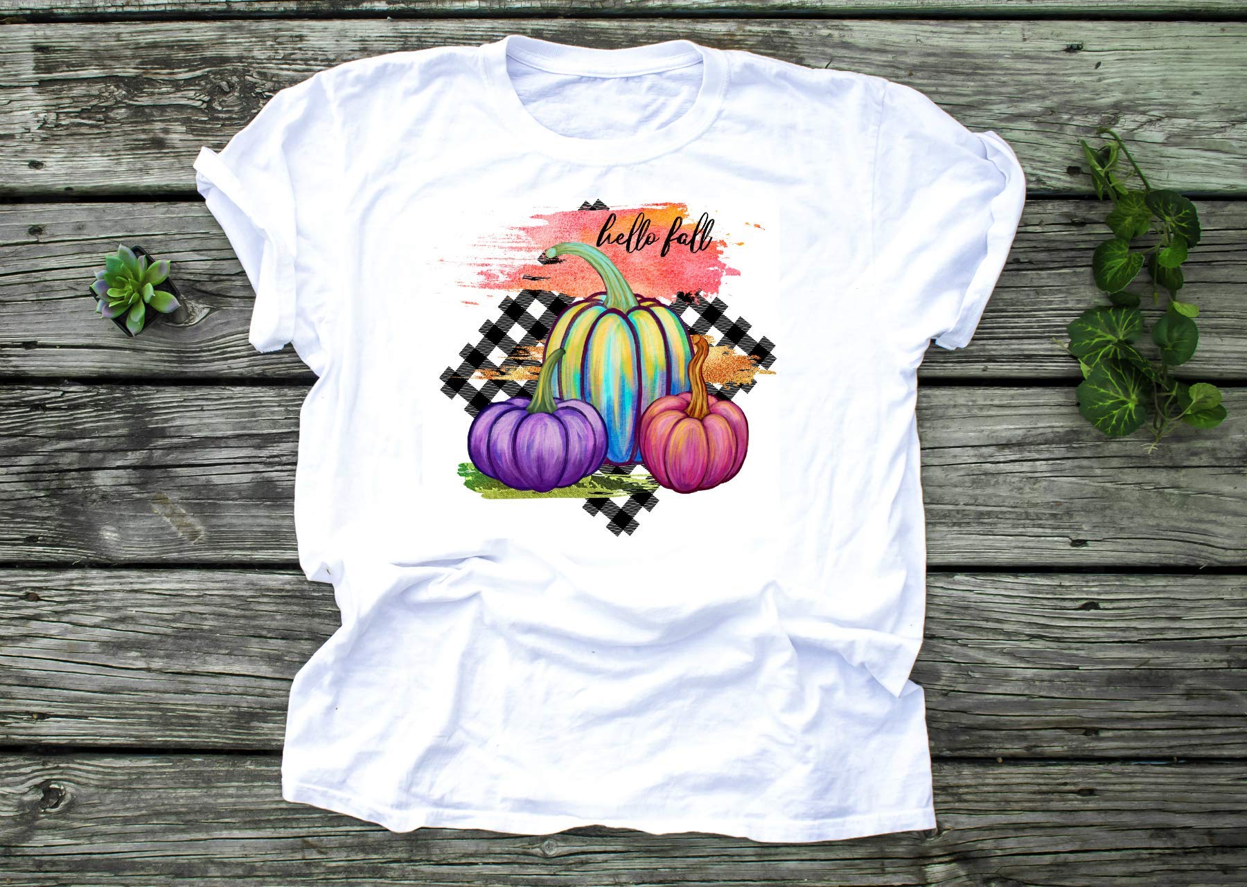 Hello Fall Pumpkins Sublimation Transfer, Plaid, Ready to Press, Autumn, Fall, Pumpkin Sub Transfer, Printed, Ready to Use, T-Shirt Size
