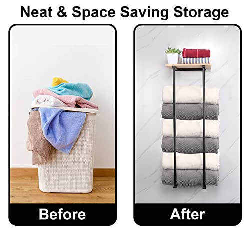 TocTen Towel Rack for Bathroom Wall Mounted, Bathroom Towel Holders with Wooden Shelf Wall Towel Rack, Bath Wall Towel Organizer for Rolled Towels, Large Towel, Washcloths, Spa, Salon(Matte Black)