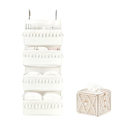 Dahey Over The Door Organizer with 4 Pockets Boho Door Closet Hanging Organizers and Storage and Tissue Box Cover Cube Macrame Tissues Holder Square