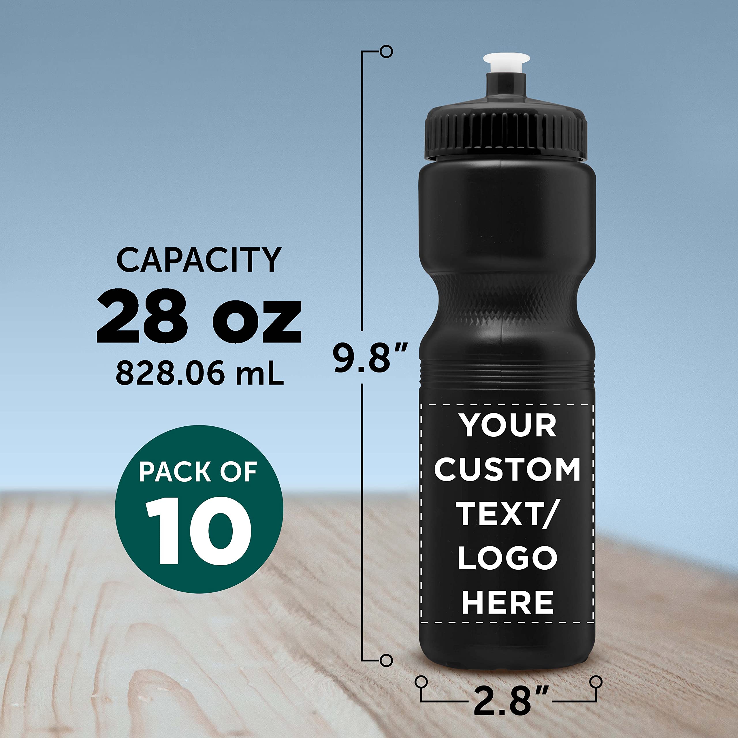 DISCOUNT PROMOS 28 oz. Custom Push Cap Plastic Water Bottles Set of 10, Personalized Bulk Pack - Perfect for Gym, Hiking, Camping, Outdoor Sports - Black