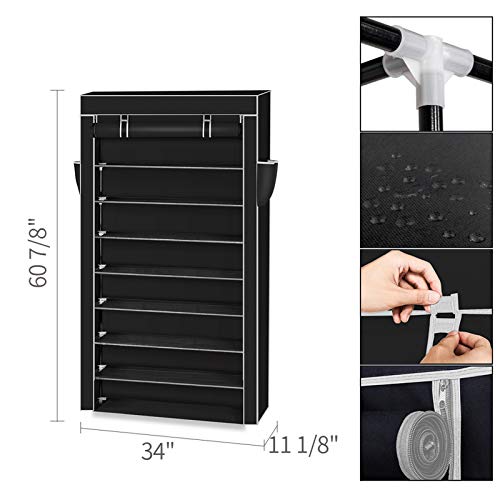 Sawandoo 10 Tiers Shoe Rack with Dustproof Cover Closet Shoe Storage Cabinet Organizer Black