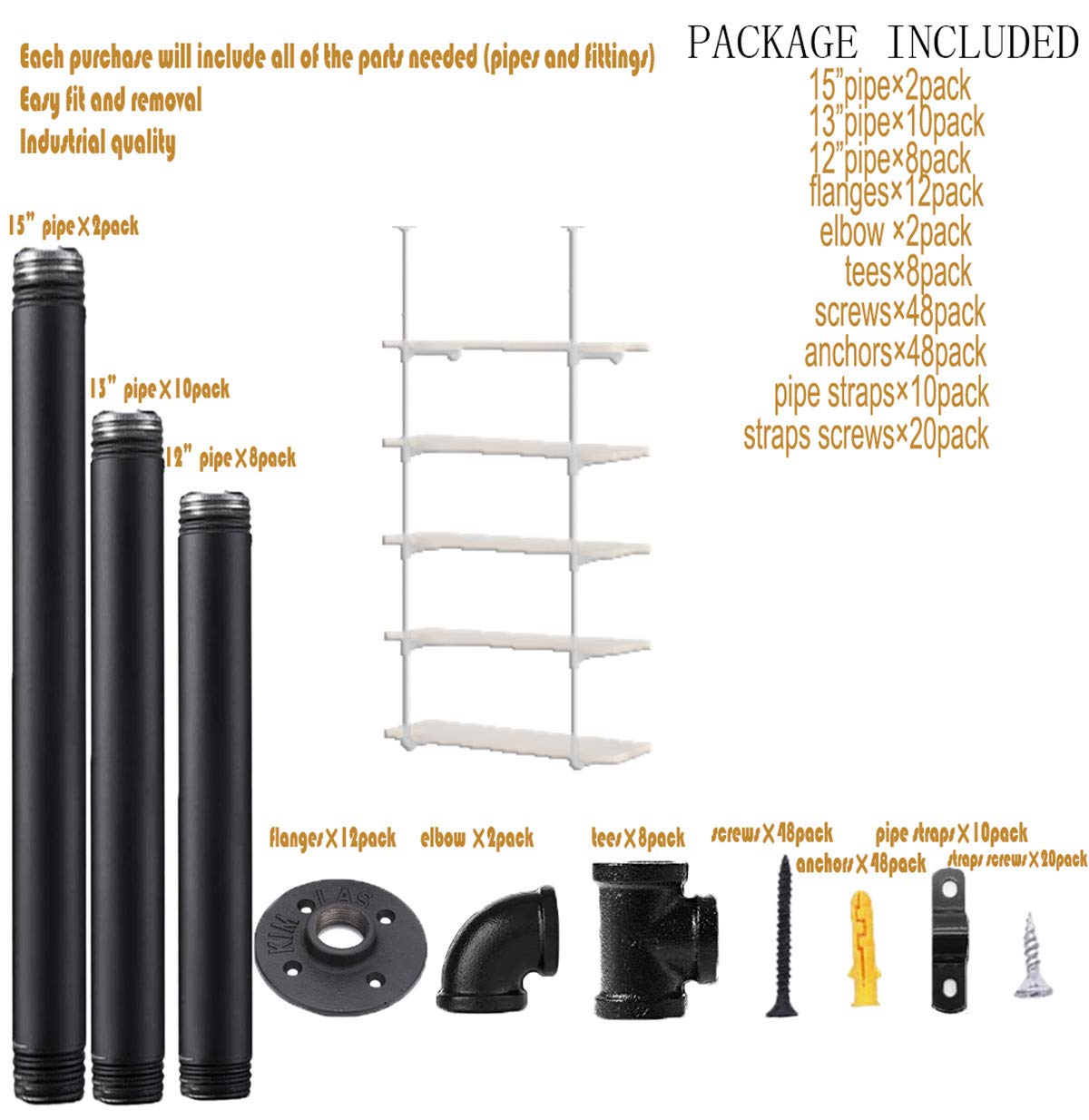 5 tier Industrial Wall Mount Iron Pipe Shelf Shelving Bracket Vintage Retro Ceiling Hung shelf DIY Open Bookshelf Storage for office Room Kitchen (2PcsX5Tier,70" Tall,12"deep,Hardware Only)
