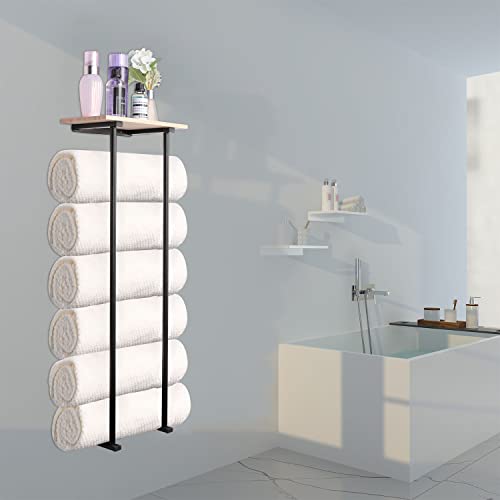 TocTen Towel Rack for Bathroom Wall Mounted, Bathroom Towel Holders with Wooden Shelf Wall Towel Rack, Bath Wall Towel Organizer for Rolled Towels, Large Towel, Washcloths, Spa, Salon(Matte Black)