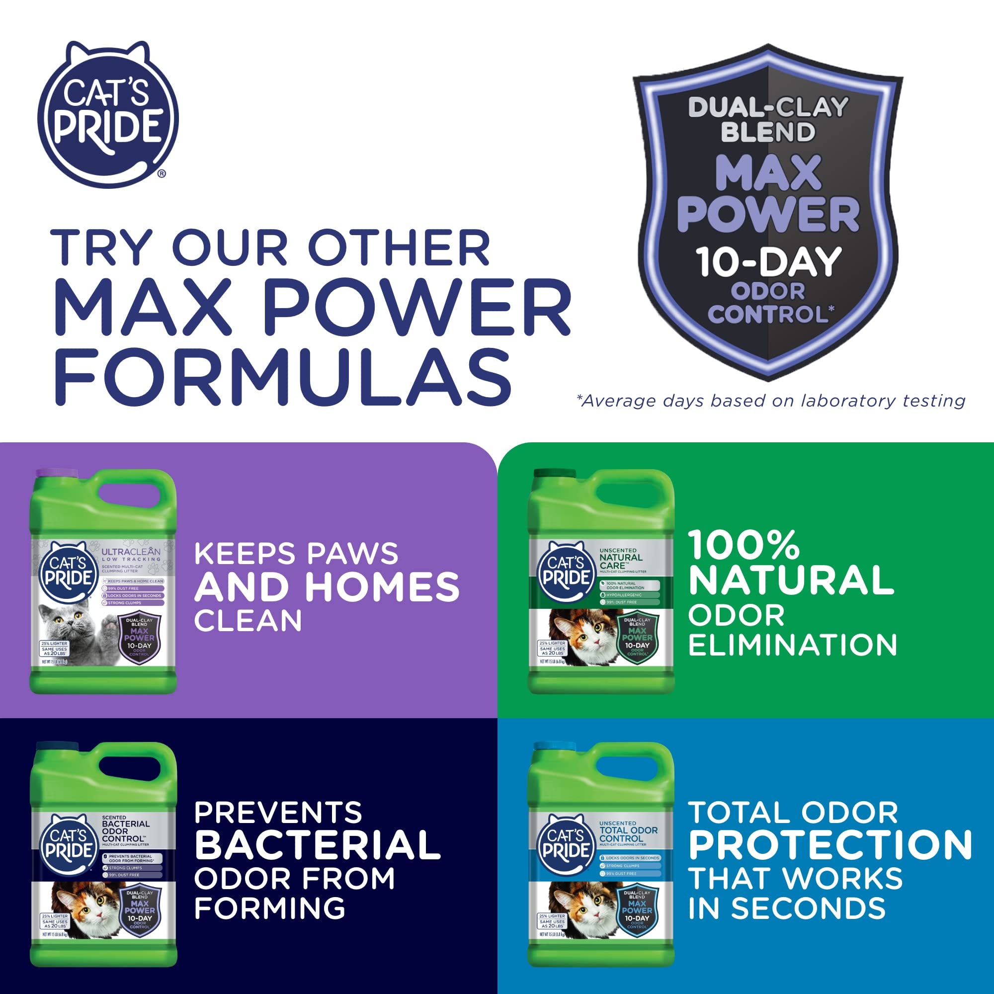 Cat's Pride Max Power: Bacterial Odor Control - Up to 10 Days of Powerful Odor Control - Strong Clumping - 99% Dust Free - Multi-Cat Litter, Fresh Scented, 15 Pounds