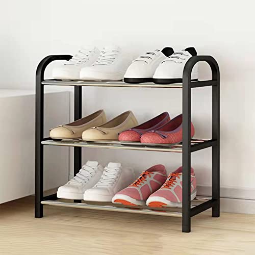 Small Shoe Rack,3-Tier Shoes Shelf Storage Multifunctional Lightweight Organizer Sturdy Metal Stackable Stand Footwear for Closet Living Room Bedroom bathroom(3 Tier Black Shoe Rack)