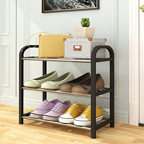 Small Shoe Rack,3-Tier Shoes Shelf Storage Multifunctional Lightweight Organizer Sturdy Metal Stackable Stand Footwear for Closet Living Room Bedroom bathroom(3 Tier Black Shoe Rack)