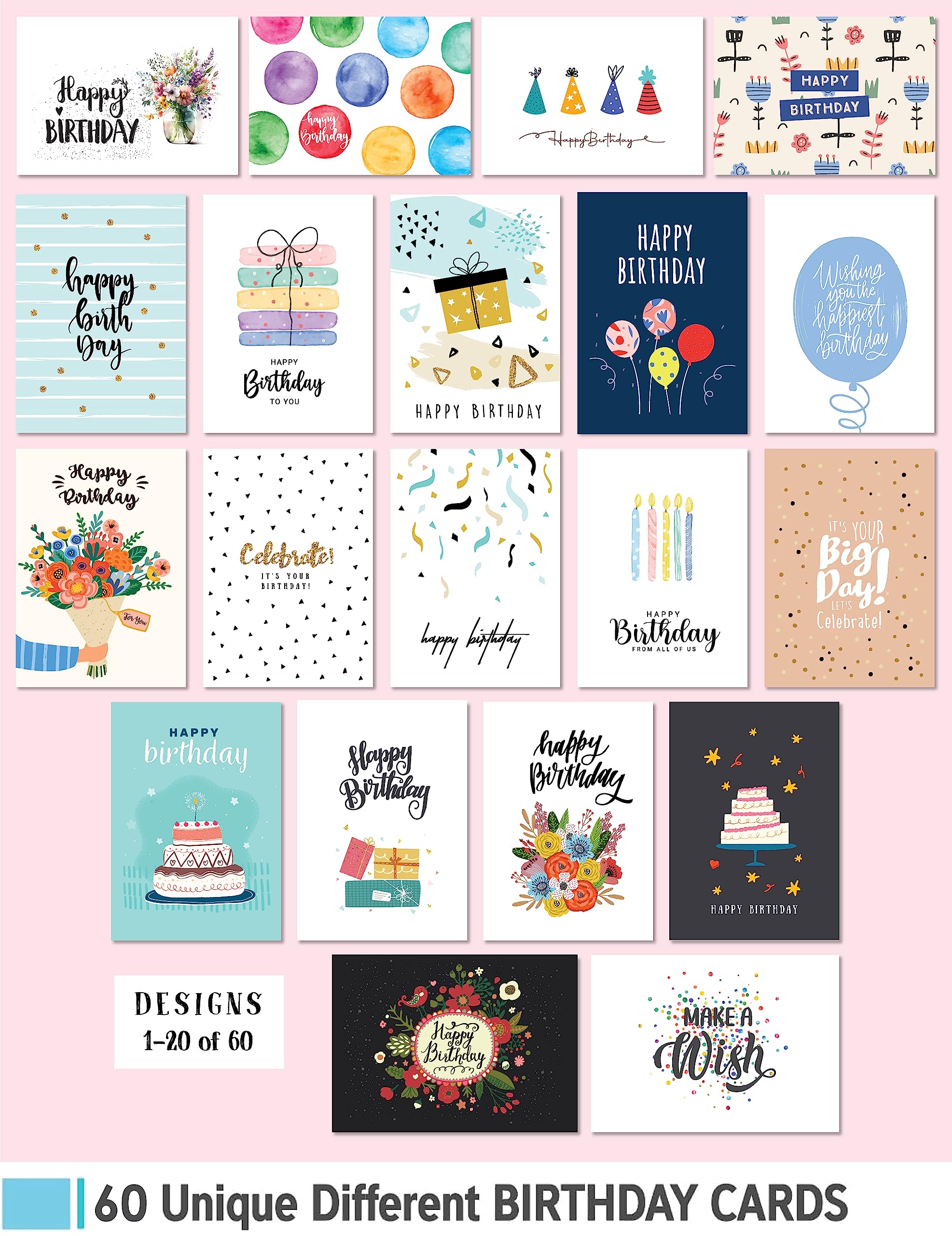 60 Happy Birthday Cards Assortment - Bday Cards in Bulk - 5x7 Assorted Variety Box Set Pack Unique Designs with Envelopes - Birthday Card for Men Women Kids - for Office - Greeting Message Inside