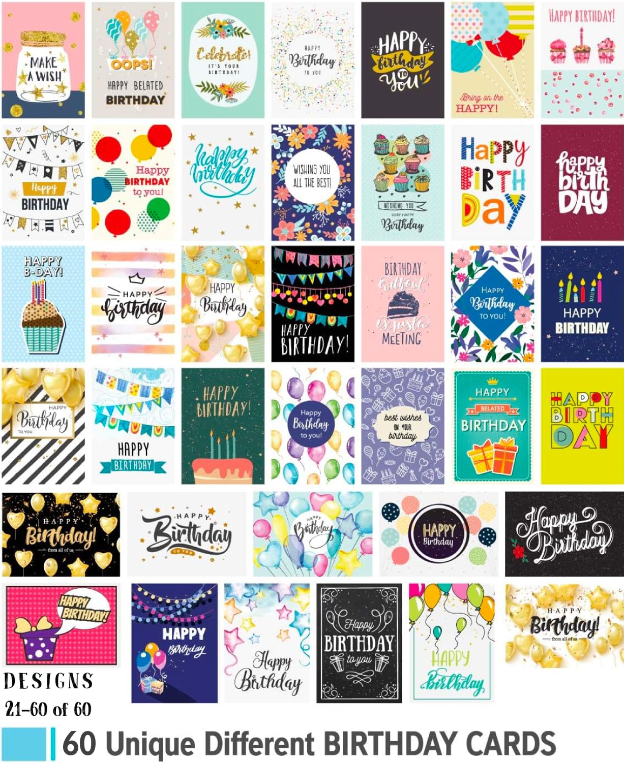 60 Happy Birthday Cards Assortment - Bday Cards in Bulk - 5x7 Assorted Variety Box Set Pack Unique Designs with Envelopes - Birthday Card for Men Women Kids - for Office - Greeting Message Inside