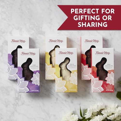 Fannie May, 6 Count Solid Assorted Dark Chocolate, Milk Chocolate and White Confection Bunnies, Easter Basket Stuffers, 3 oz Each