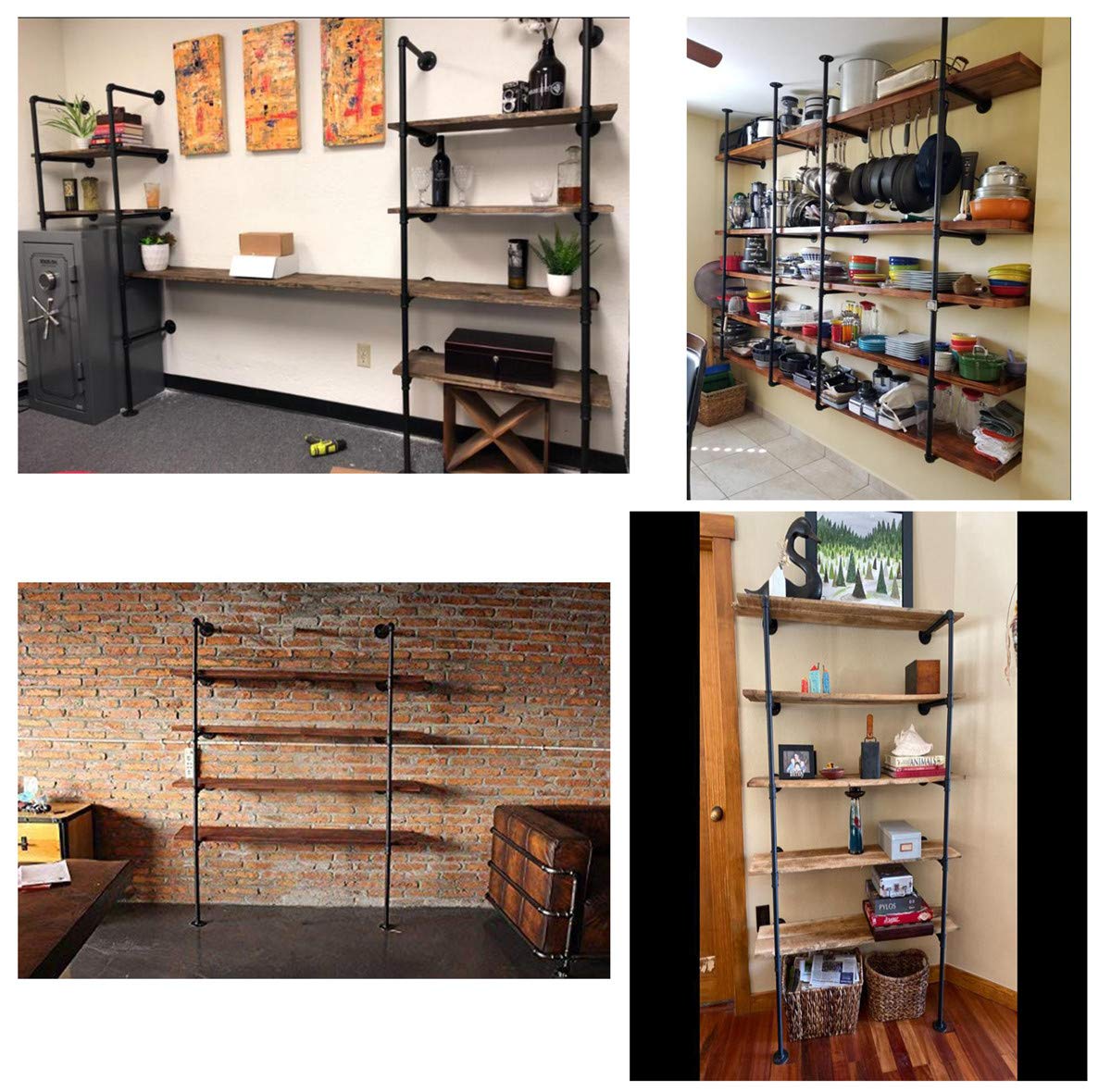 5 tier Industrial Wall Mount Iron Pipe Shelf Shelving Bracket Vintage Retro Ceiling Hung shelf DIY Open Bookshelf Storage for office Room Kitchen (2PcsX5Tier,70" Tall,12"deep,Hardware Only)