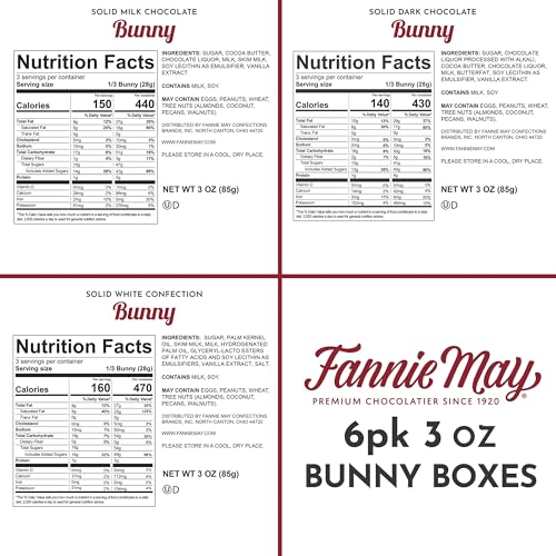 Fannie May, 6 Count Solid Assorted Dark Chocolate, Milk Chocolate and White Confection Bunnies, Easter Basket Stuffers, 3 oz Each