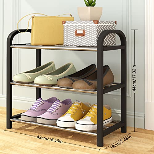Small Shoe Rack,3-Tier Shoes Shelf Storage Multifunctional Lightweight Organizer Sturdy Metal Stackable Stand Footwear for Closet Living Room Bedroom bathroom(3 Tier Black Shoe Rack)