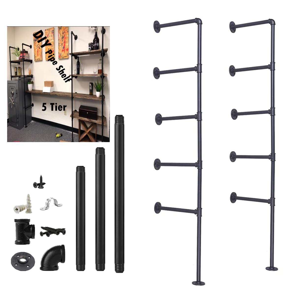 5 tier Industrial Wall Mount Iron Pipe Shelf Shelving Bracket Vintage Retro Ceiling Hung shelf DIY Open Bookshelf Storage for office Room Kitchen (2PcsX5Tier,70" Tall,12"deep,Hardware Only)