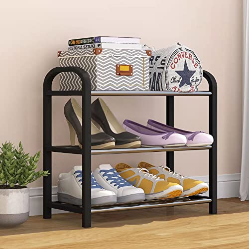 Small Shoe Rack,3-Tier Shoes Shelf Storage Multifunctional Lightweight Organizer Sturdy Metal Stackable Stand Footwear for Closet Living Room Bedroom bathroom(3 Tier Black Shoe Rack)