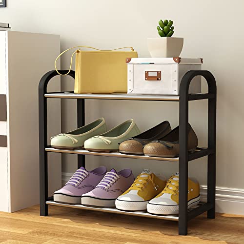 Small Shoe Rack,3-Tier Shoes Shelf Storage Multifunctional Lightweight Organizer Sturdy Metal Stackable Stand Footwear for Closet Living Room Bedroom bathroom(3 Tier Black Shoe Rack)