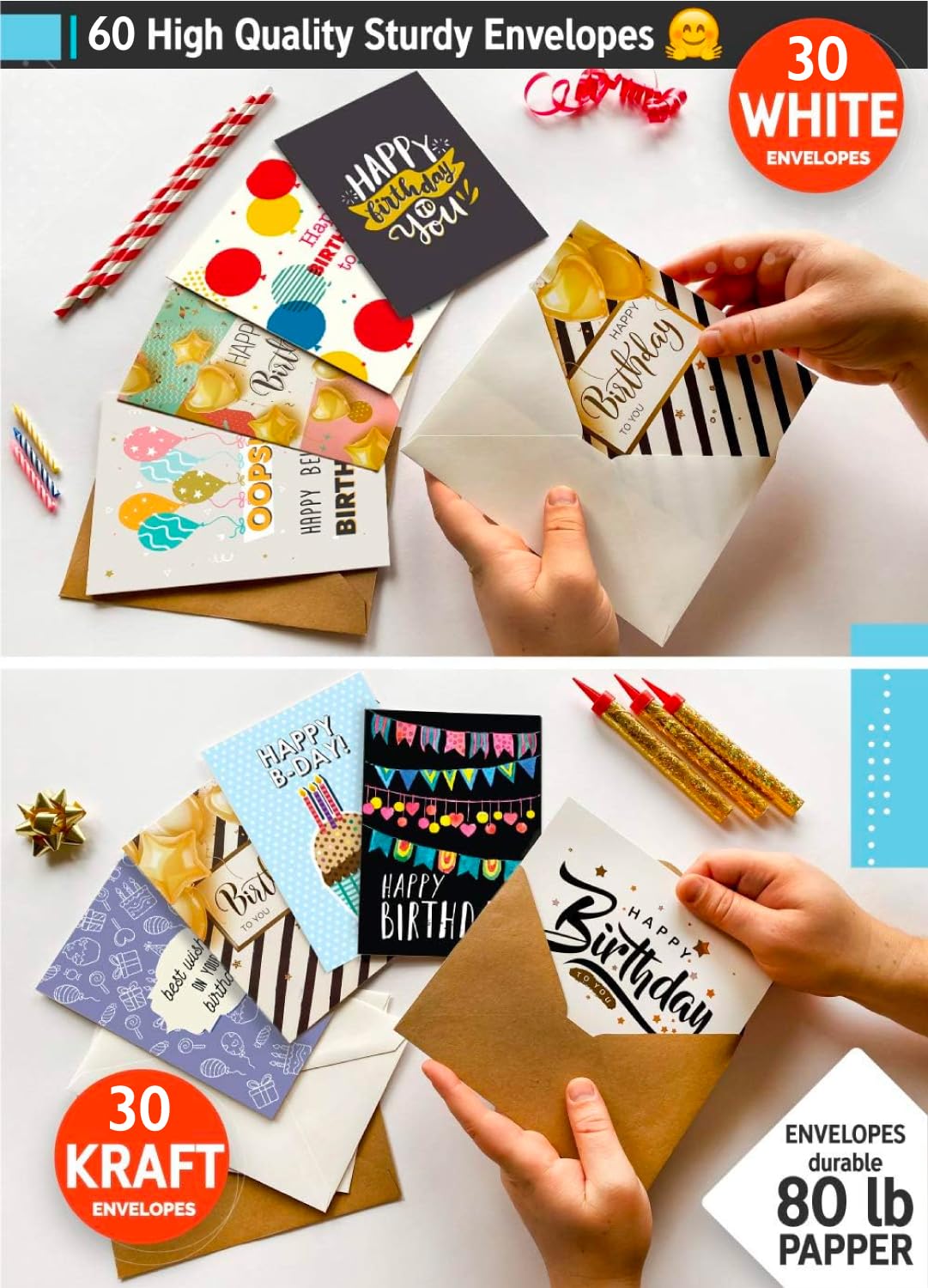 60 Happy Birthday Cards Assortment - Bday Cards in Bulk - 5x7 Assorted Variety Box Set Pack Unique Designs with Envelopes - Birthday Card for Men Women Kids - for Office - Greeting Message Inside