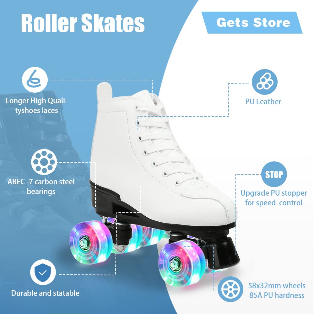 Gets Women's Roller Skates PU Leather High-top Roller Skates Four-Wheel Roller Skates Shiny Roller Skates for Girls Unisex (White Flash Wheel,US: 5.5)