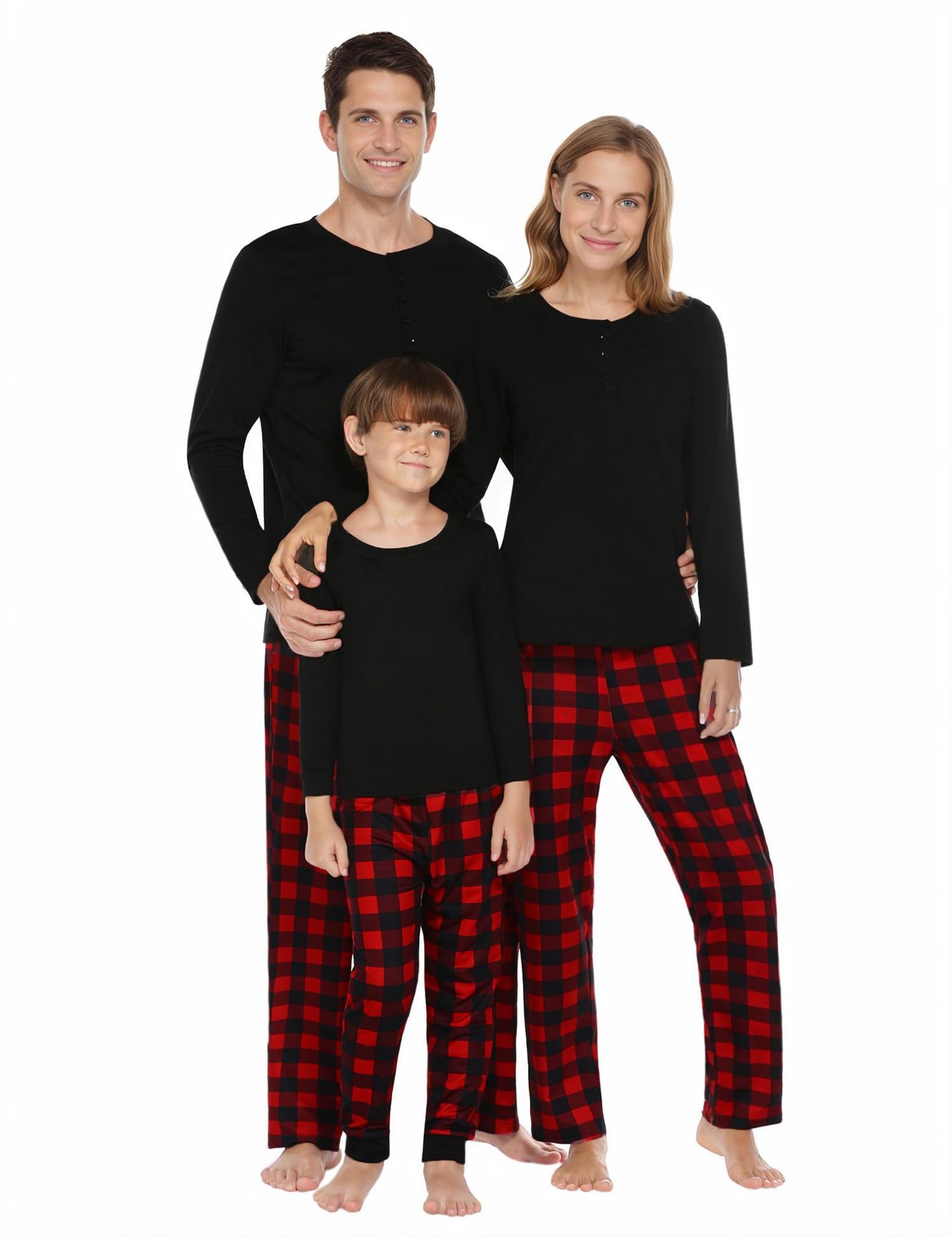 Ekouaer Christmas Pajamas Matching Family Pj Set Long Sleeve Tops and Plaid Pants for Sleepwear Soft Loungewear Pjs Black Plaid, L