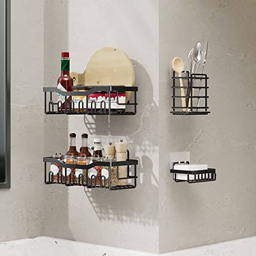 HYPEXA Shower Caddy 5 Packs, Shower Shelves, Adhesive Shower Organizer No Drilling, Large Capacity Wall Mounted Shower Storage, Stainless Steel Bathroom & Kitchen Wall Organization, Black
