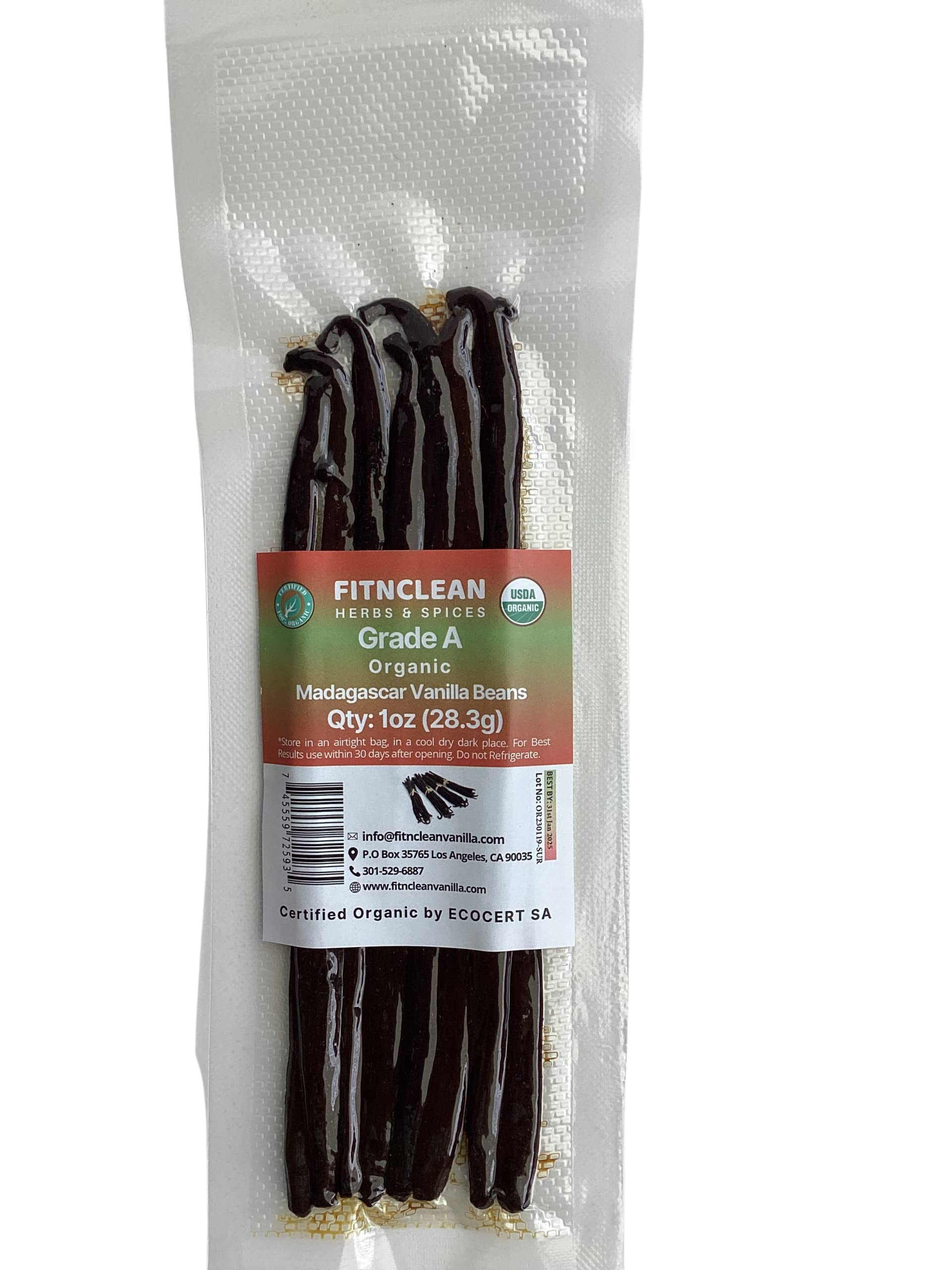 1oz. Madagascar Organic Vanilla Beans Gourmet Grade A. Certified USDA Organic 6"-7.5" by FITNCLEAN VANILLA for Cooking, Brewing, Extract Fresh Bourbon NON-GMO Whole Pods