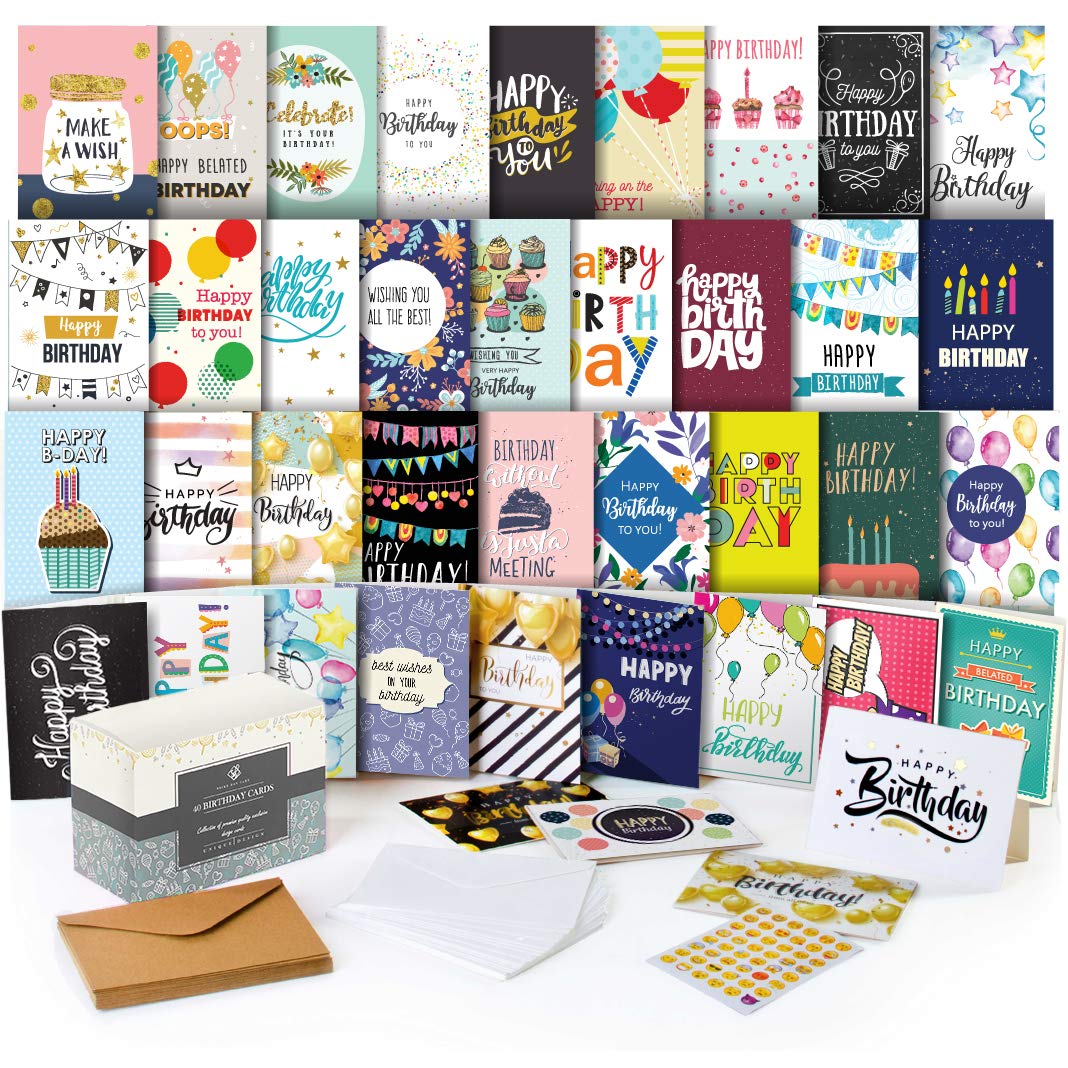 60 Happy Birthday Cards Assortment - Bday Cards in Bulk - 5x7 Assorted Variety Box Set Pack Unique Designs with Envelopes - Birthday Card for Men Women Kids - for Office - Greeting Message Inside