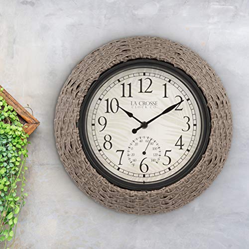 La Crosse 433-3833 13-inch Weaver Indoor/Outdoor Rattan Analog Quartz Wall Clock, Brown