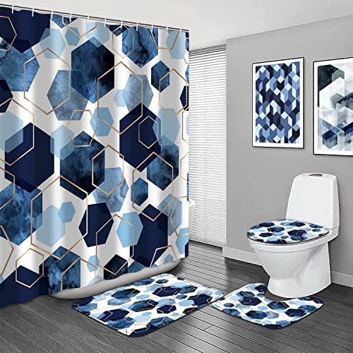 LQCOOL 4Pcs Blue Shower Curtain Set Modern Art Geometric Bathroom Set Navy Blue Abstract Bathroom Curtain Set with 12 Hooks, Bathroom Carpet Bath Mat and Toilet Rugs