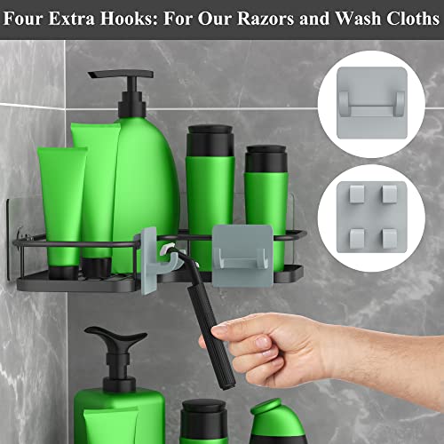 Zaspaver Black Corner Shower Caddy Organizer Shelf Shelves Basket with Hooks, Bathroom Adhesive Shampoo Holder 2 Pack, Drill Free No Rust