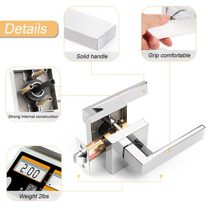 Probrico Polished Chrome Door Levers Hallway and Closet Passage Function Door Handles Modern Style Square Leverset Interior Heavy Duty Non-Locking Hardware, 10 Pack