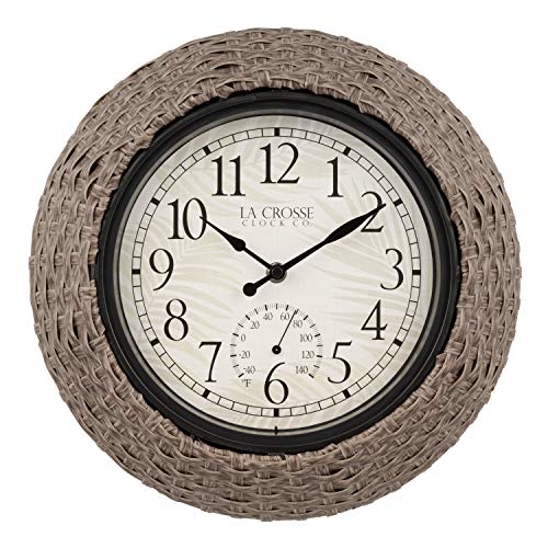 La Crosse 433-3833 13-inch Weaver Indoor/Outdoor Rattan Analog Quartz Wall Clock, Brown