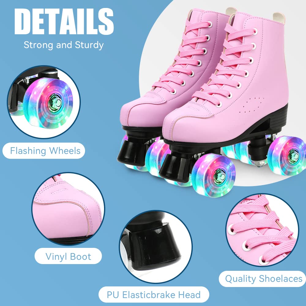Women's Roller Skates PU Leather High-top Roller Skates Four-Wheel Roller Skates Double Row Shiny Roller Skates for Indoor Outdoor (Pink Flash,39-US: 7.5)