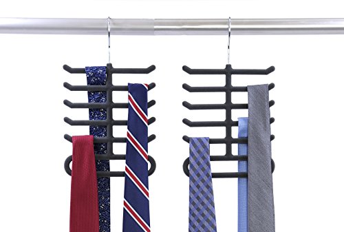 HangerWise 2-Pack Non-Slip Velvet Tie Hanger Organizer Rack | Large Ringed Bottom | Charcoal Grey Brand