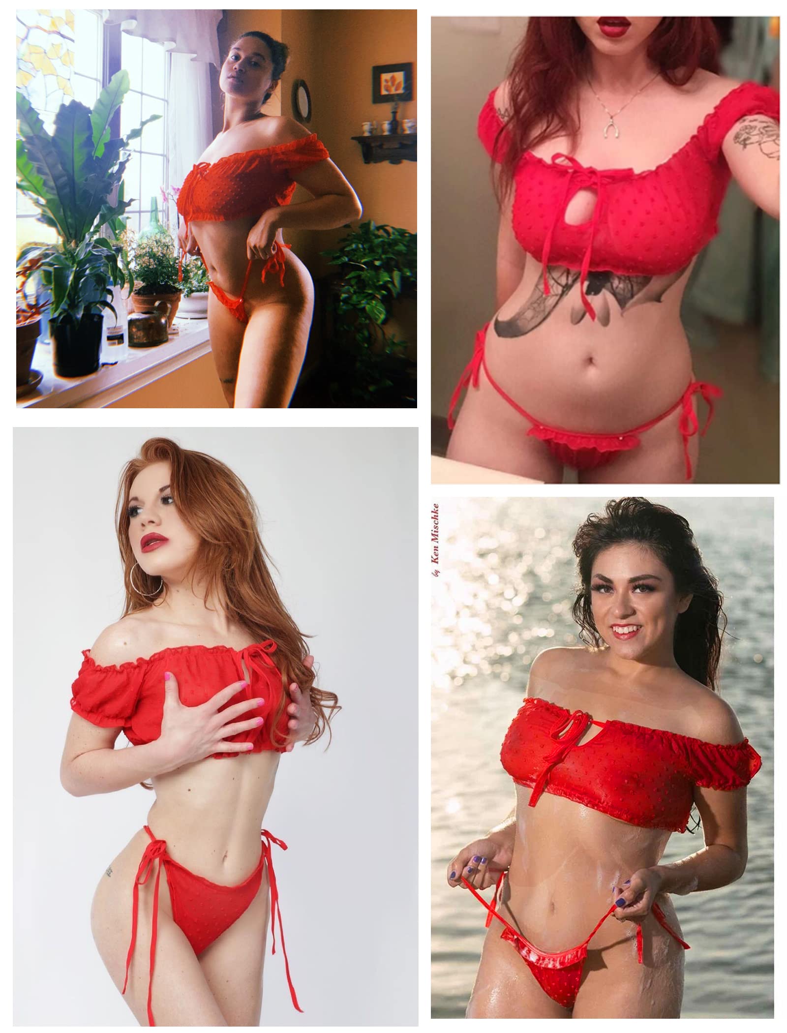 Avidlove Womens Lingerie Self Tie Ruffle Trim Dobby Teddy Mesh Lingerie Set Sexy Bra and Panty Set Red S