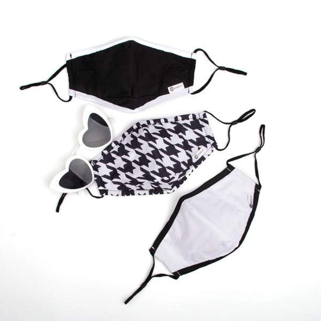 MIAMICA 3 Fashion Cloth Face Mask Nose Wire Cotton Breathable Double Layer Machine Washable Reusable Adjustable Ear Strap Inner Pocket for Removable Filter - Houndstooth, Black, White