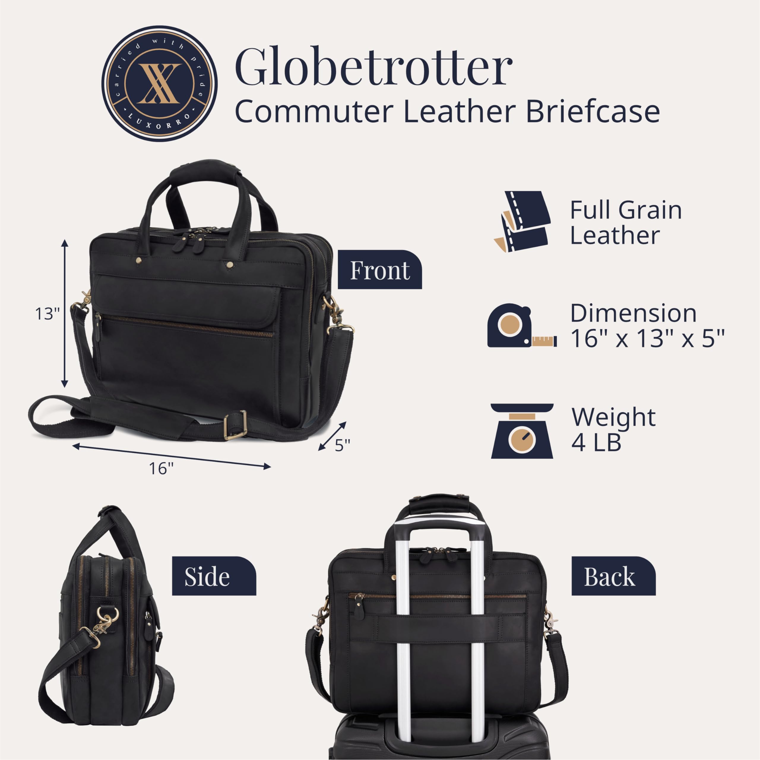 Luxorro Full Grain Leather Briefcase for Men, Top Choice Gifts for Men, Handcrafted Leather Laptop Bag with Multiple Compartments and Brass Hardware, Fits 15.6 Inch Laptop