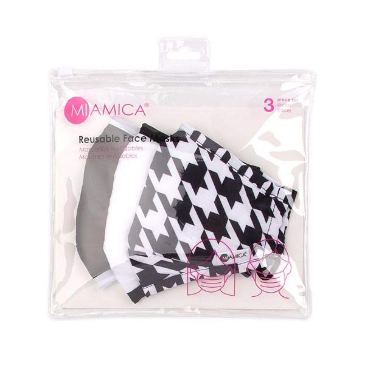 MIAMICA 3 Fashion Cloth Face Mask Nose Wire Cotton Breathable Double Layer Machine Washable Reusable Adjustable Ear Strap Inner Pocket for Removable Filter - Houndstooth, Black, White