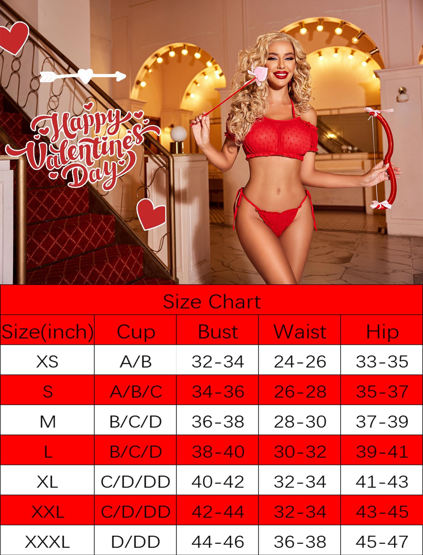 Avidlove Womens Lingerie Self Tie Ruffle Trim Dobby Teddy Mesh Lingerie Set Sexy Bra and Panty Set Red S