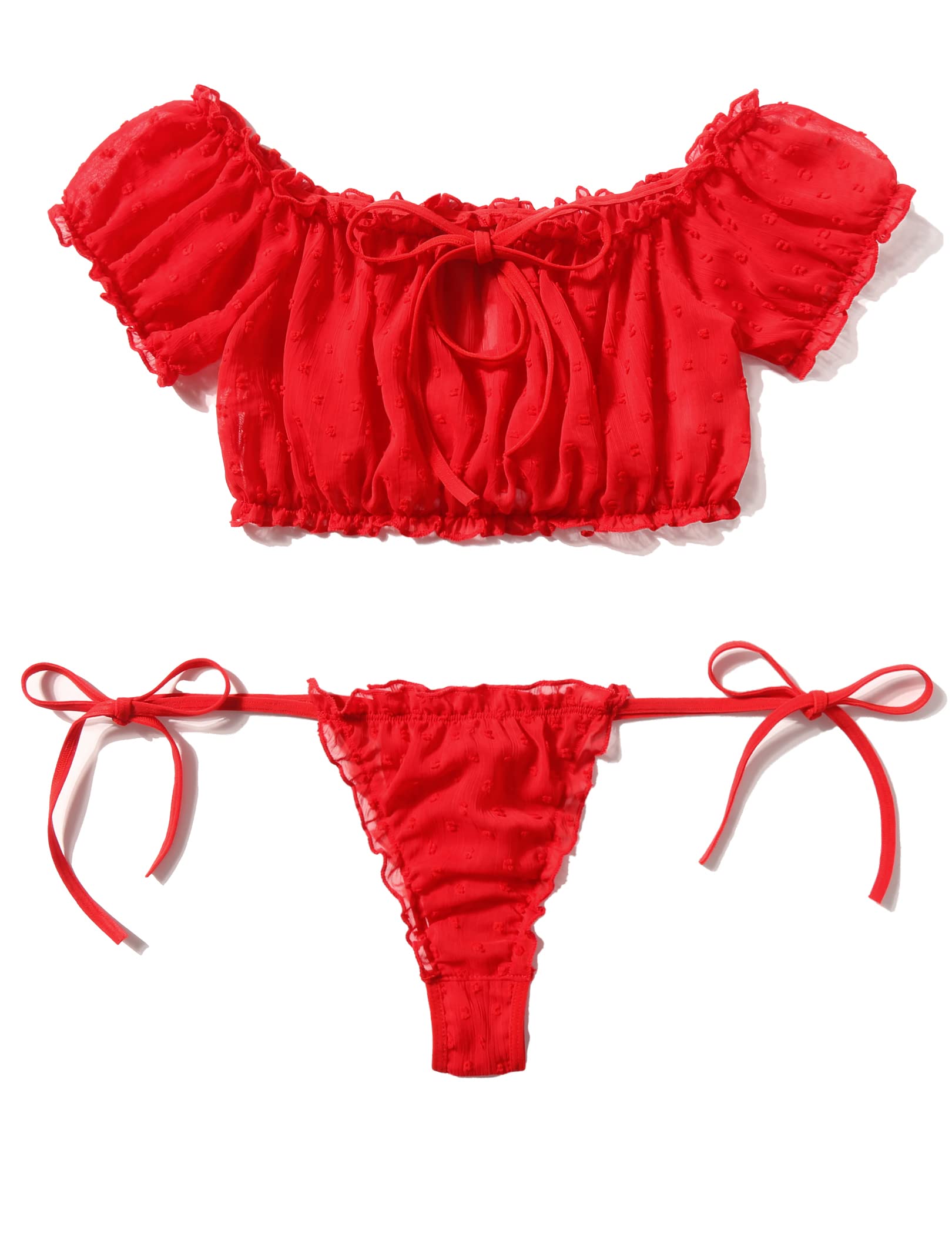 Avidlove Womens Lingerie Self Tie Ruffle Trim Dobby Teddy Mesh Lingerie Set Sexy Bra and Panty Set Red S