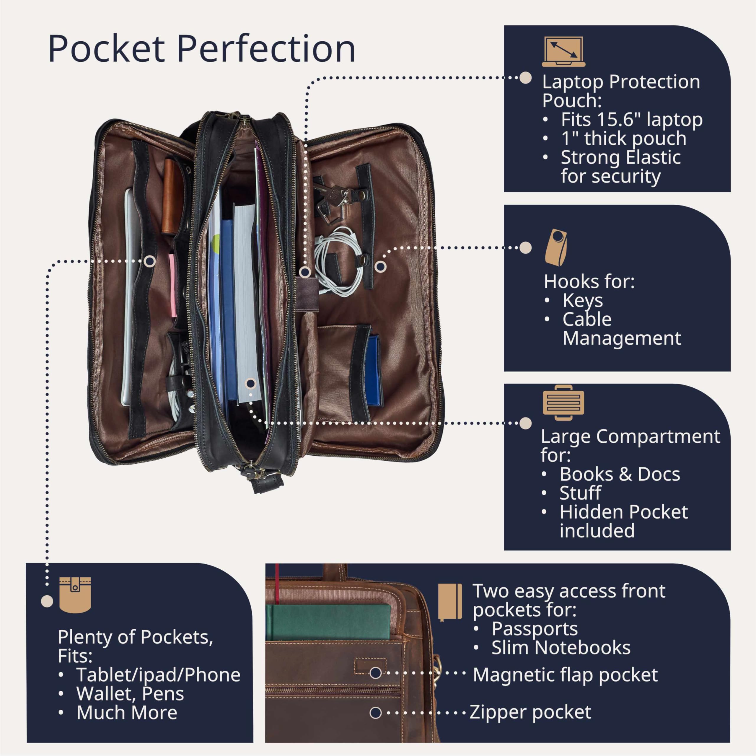 Luxorro Full Grain Leather Briefcase for Men, Top Choice Gifts for Men, Handcrafted Leather Laptop Bag with Multiple Compartments and Brass Hardware, Fits 15.6 Inch Laptop