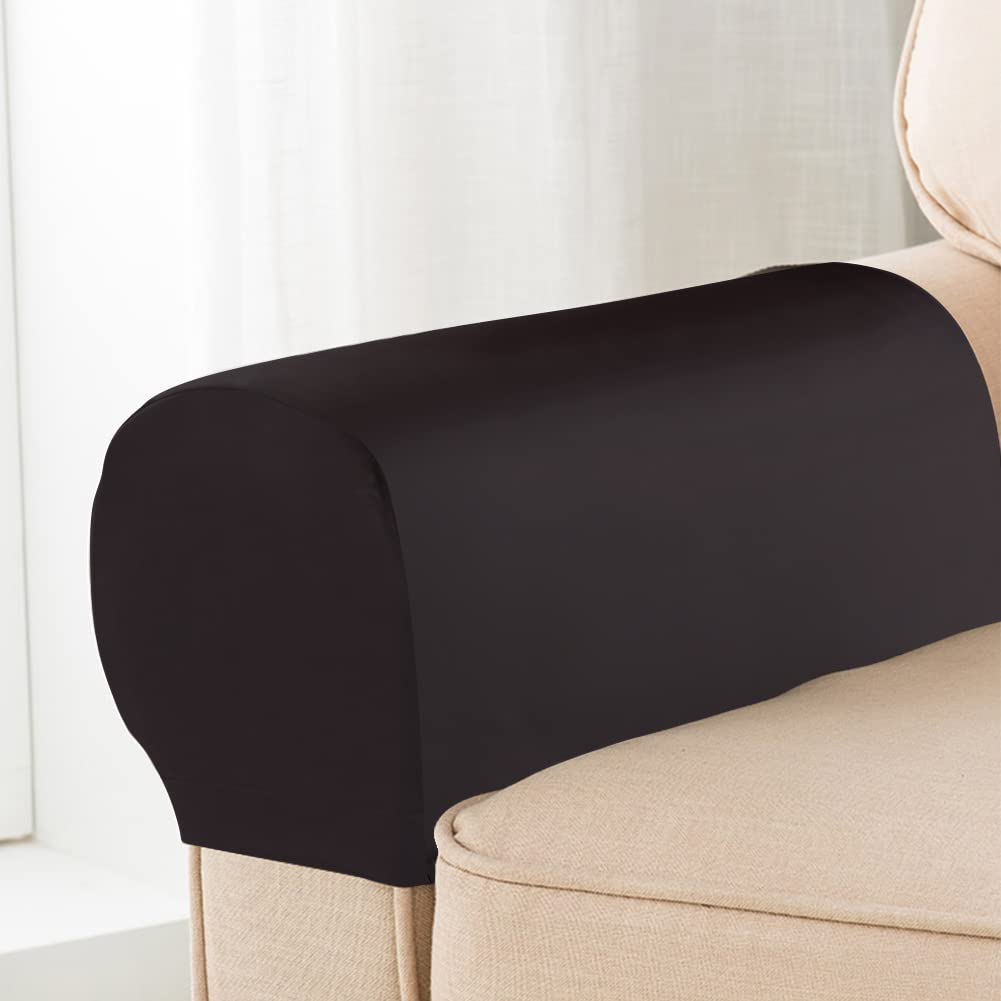 Set of 2 Sofa Armrest Cover, Waterproof PU Leather Stretch Armrest Covers for Chairs and Sofas, Armrest Covers Anti-Slip Washable Armchair Slipcovers for Recliner (Brown)