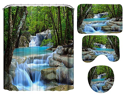 DDS-DUDES 4Pcs Shower Curtain Sets, Natural Scenery Spring Forest Waterfall Waterproof Bathroom Sets with Shower Curtain and Rugs Toilet Cover and Bath Mat, 12 Plastic Hooks (Forest Waterfall)