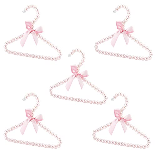 AHANDMAKER 5 Pack Pearl Beads Metal Elegant Clothes Hangers, Small Pet Hanger Plastic Pearl Beaded Clothes Hangers, for Pet Cats and Dogs, Puppet Clothes (Pink)