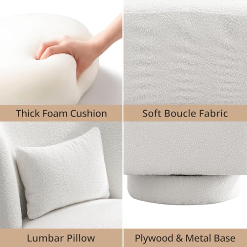 LLS Swivel Accent Sofa Chair with Lumbar Pillow, 360° Metal Base Boucle Fabric Upholstered Modern Barrel Sherpa Single Comfy Armless Couch for Living Room Bedroom Reading Lounge Corner, Ivory