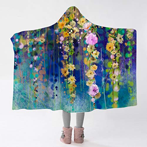 BlessLiving Watercolor Hooded Blanket Abstract Floral Nature Painting Pattern Throw Blanket, Summer Garden Art Decor, Blue and Yellow, (Adult 80"x60")