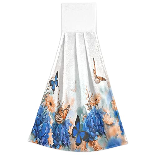 Butterflies Hanging Kitchen Towels Blue Flowers Floral Hand Towel 2PCS Dish Cloth Tie Towel Absorbent Oven Stove Washcloth with Loop for Bathroom Home Decorative