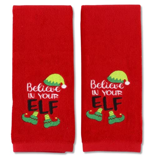 Christmas Fingertip Towels: Plush Velour Cotton Embroidered Believe in Your Elf on Red, Set of 2