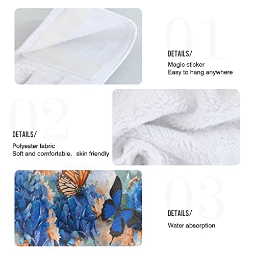 Butterflies Hanging Kitchen Towels Blue Flowers Floral Hand Towel 2PCS Dish Cloth Tie Towel Absorbent Oven Stove Washcloth with Loop for Bathroom Home Decorative
