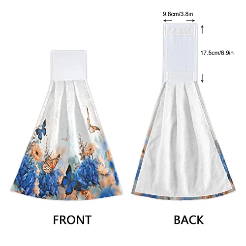 Butterflies Hanging Kitchen Towels Blue Flowers Floral Hand Towel 2PCS Dish Cloth Tie Towel Absorbent Oven Stove Washcloth with Loop for Bathroom Home Decorative