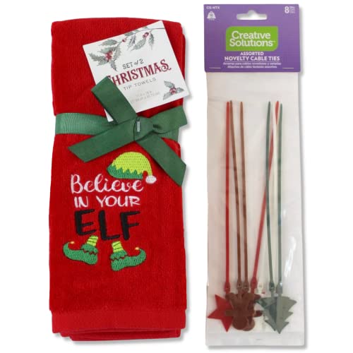 Christmas Fingertip Towels: Plush Velour Cotton Embroidered Believe in Your Elf on Red, Set of 2