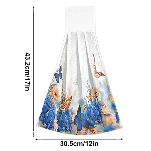 Butterflies Hanging Kitchen Towels Blue Flowers Floral Hand Towel 2PCS Dish Cloth Tie Towel Absorbent Oven Stove Washcloth with Loop for Bathroom Home Decorative